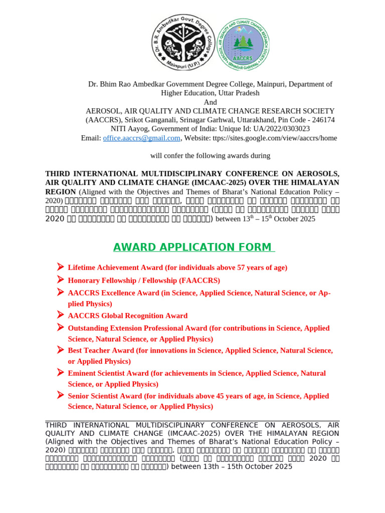 IMCAAC-2025 Award Application Form | PDF | Himalayas