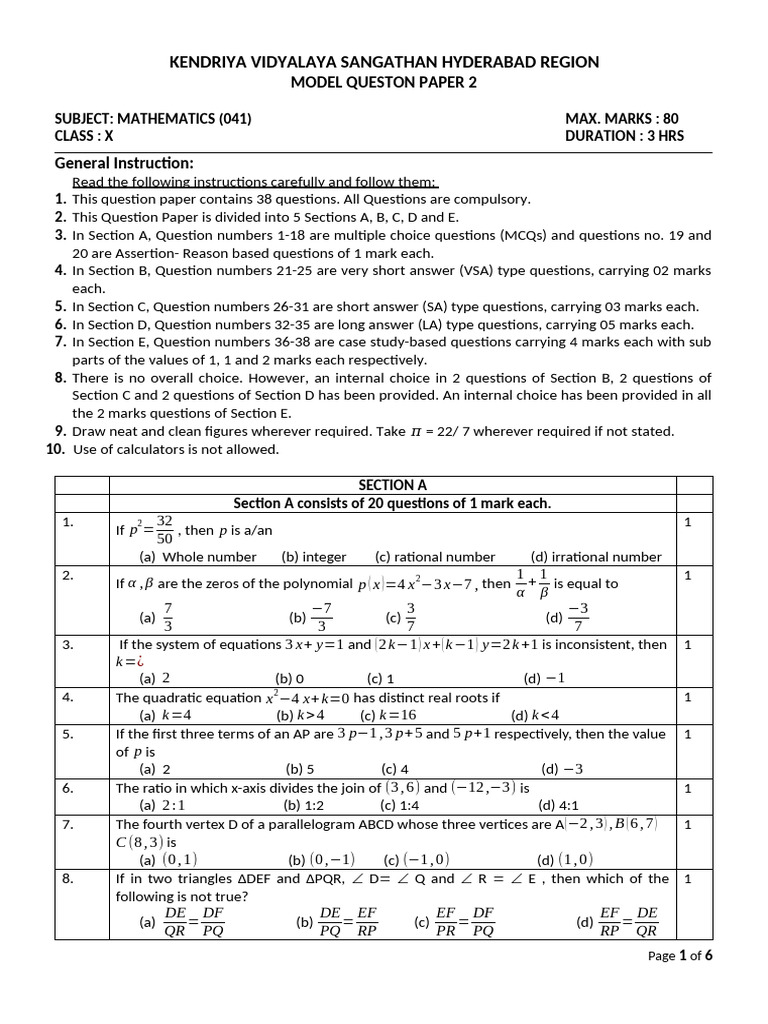 Class 10 Maths Sample Paper 2025-26 | PDF | Circle | Quadratic Equation