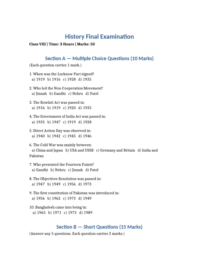 History Final Exam Paper | PDF | Partition Of India | All India Muslim ...