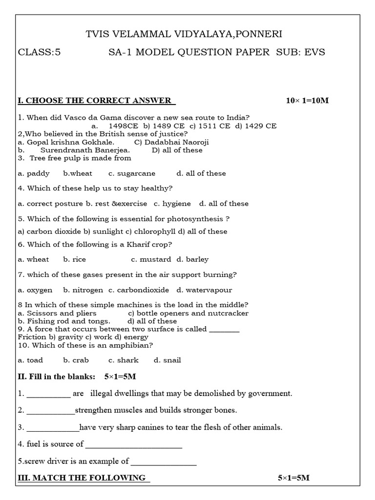 EVS Model Question Paper for Class 5 | PDF | Birds | Biology