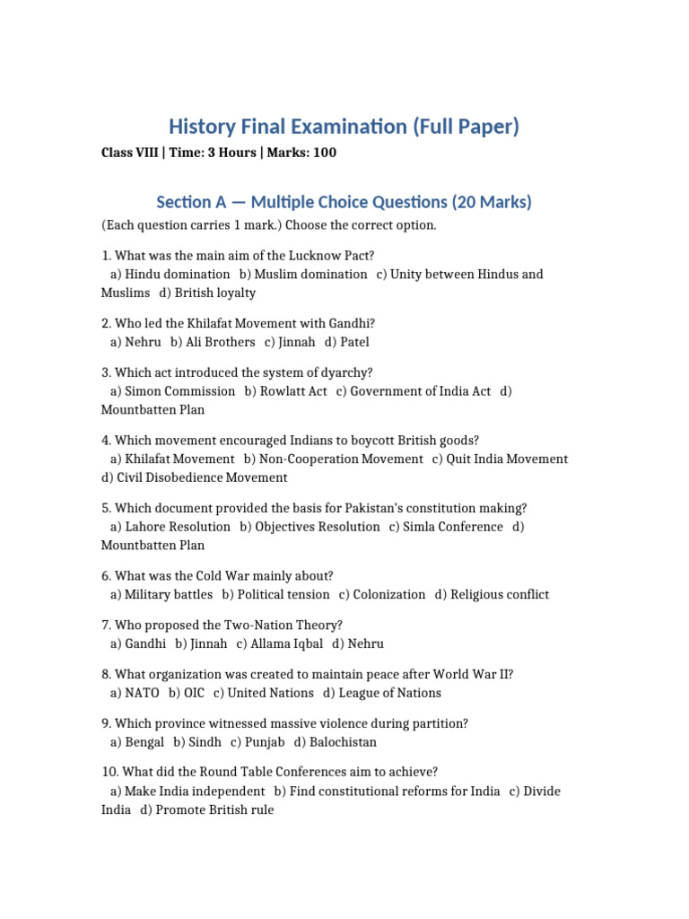 History Final Exam 100 Marks Full | PDF | Partition Of India | Muhammad ...
