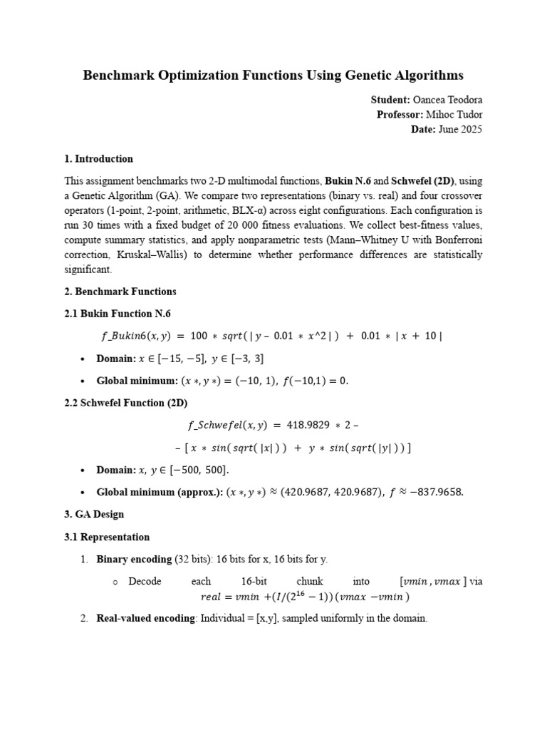 Benchmark Optimization Functions Using Genetic Algorithms | PDF | Genetic Algorithm | Algorithms