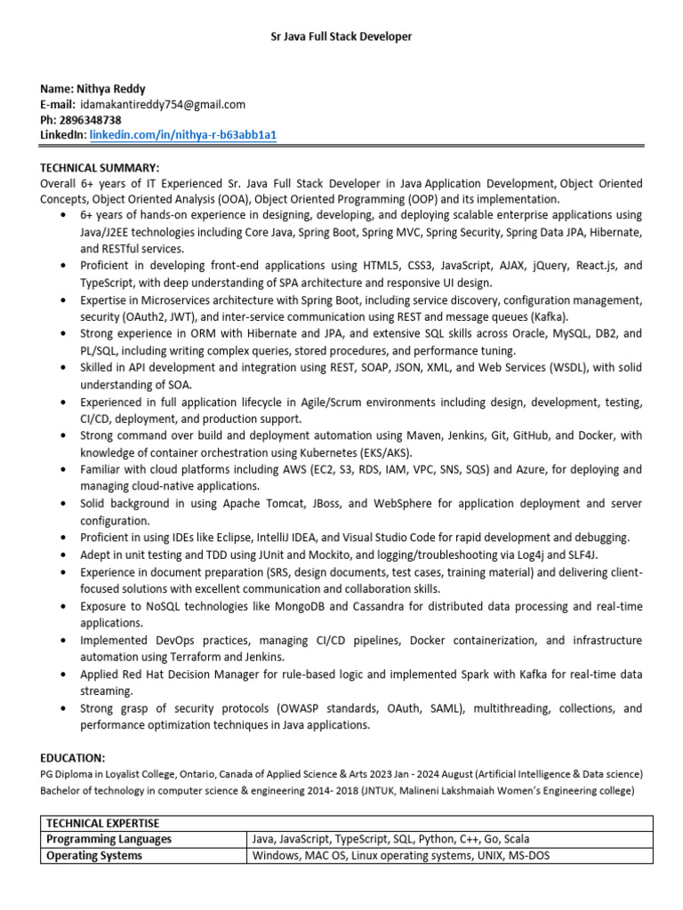 Senior Java Full Stack Developer Profile | PDF | Postgre Sql | Spring ...