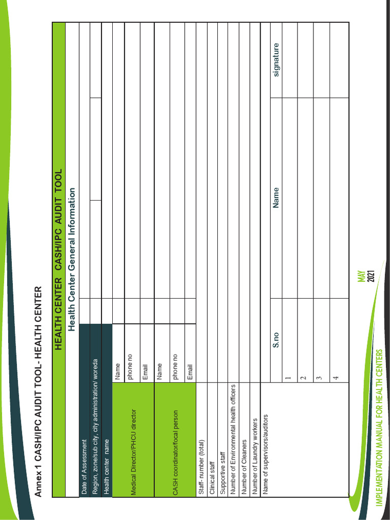 Health Center CASH-IPC Clinical Audit | PDF | Hand Washing | Sanitation