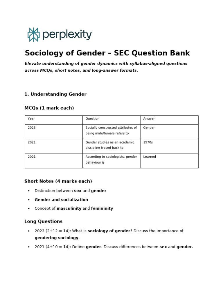 Gender Sociology Question Bank for Exams | PDF | Gender | Gender Studies