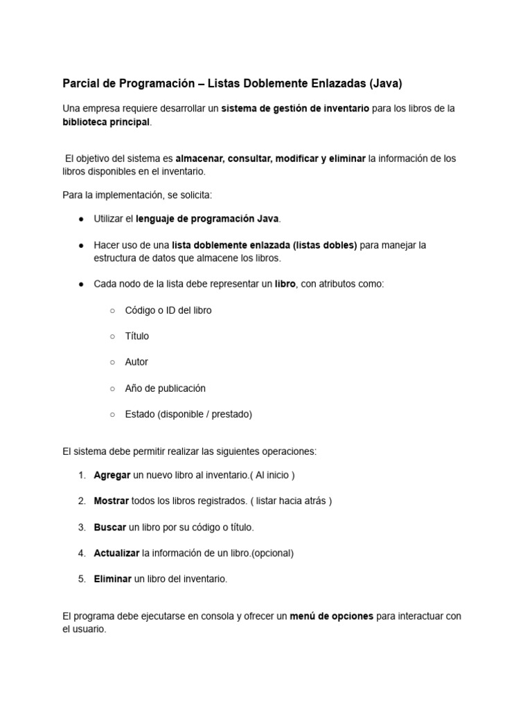 Parcial de Programación - Listas Doblemente Enlazadas (Java) | PDF