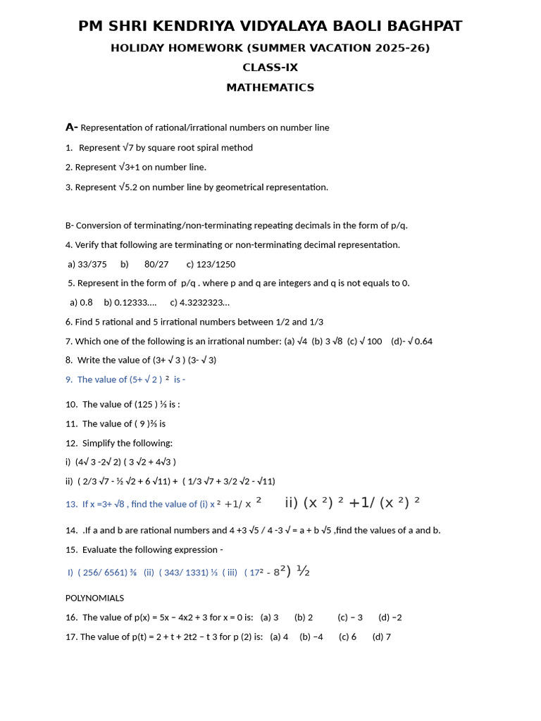 HHW^J_IX-MATHS__(2)[1] 2025-26 | PDF | Numbers | Square Root