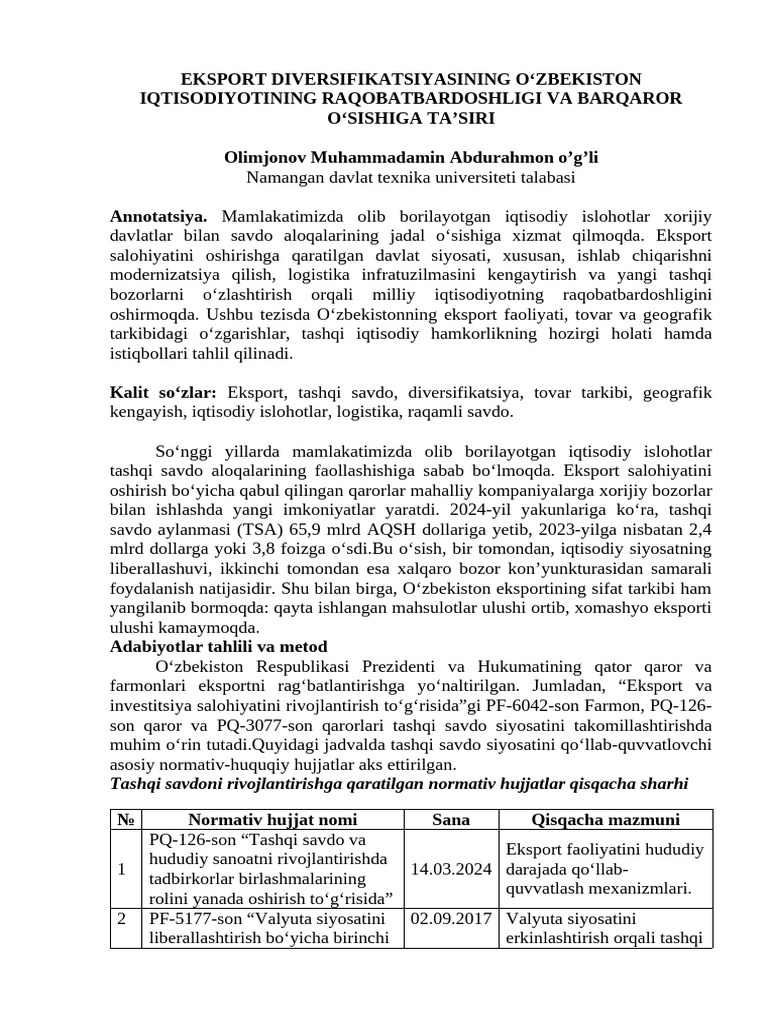 M Olimjonov Eksport Diversifikatsiyasining O‘Zbekiston Iqtisodiyotining ...