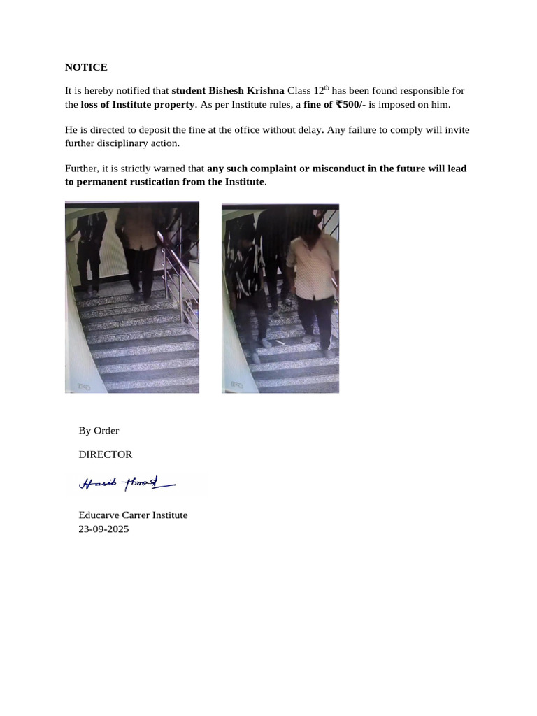 Student Fine Notice for Property Loss | PDF