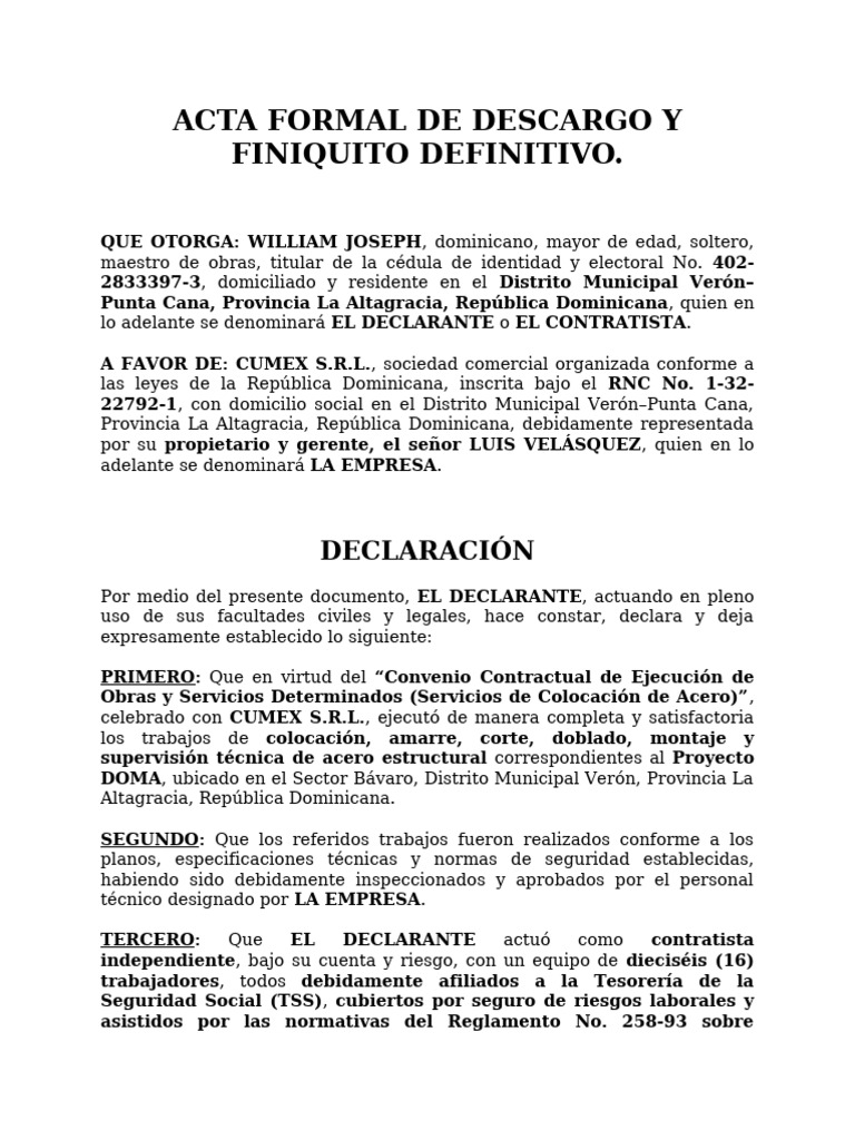 Acta de Descargo y Finiquito Definitivo | PDF | Derecho laboral | Daños ...