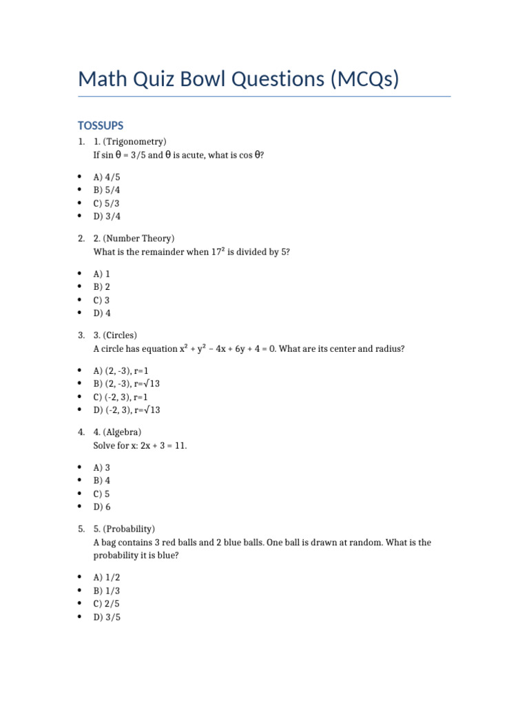 Maths Science Bowl Questions | PDF | Circle | Trigonometry