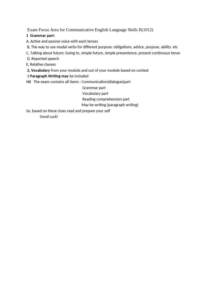 Exam Focus Area For Communicative English Language Skills | PDF
