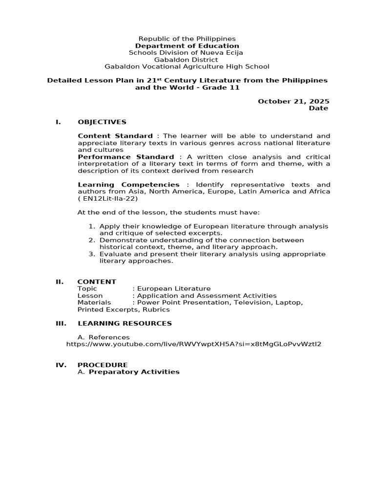 Analyzing European Literature in Class | PDF | Lesson Plan | Teachers