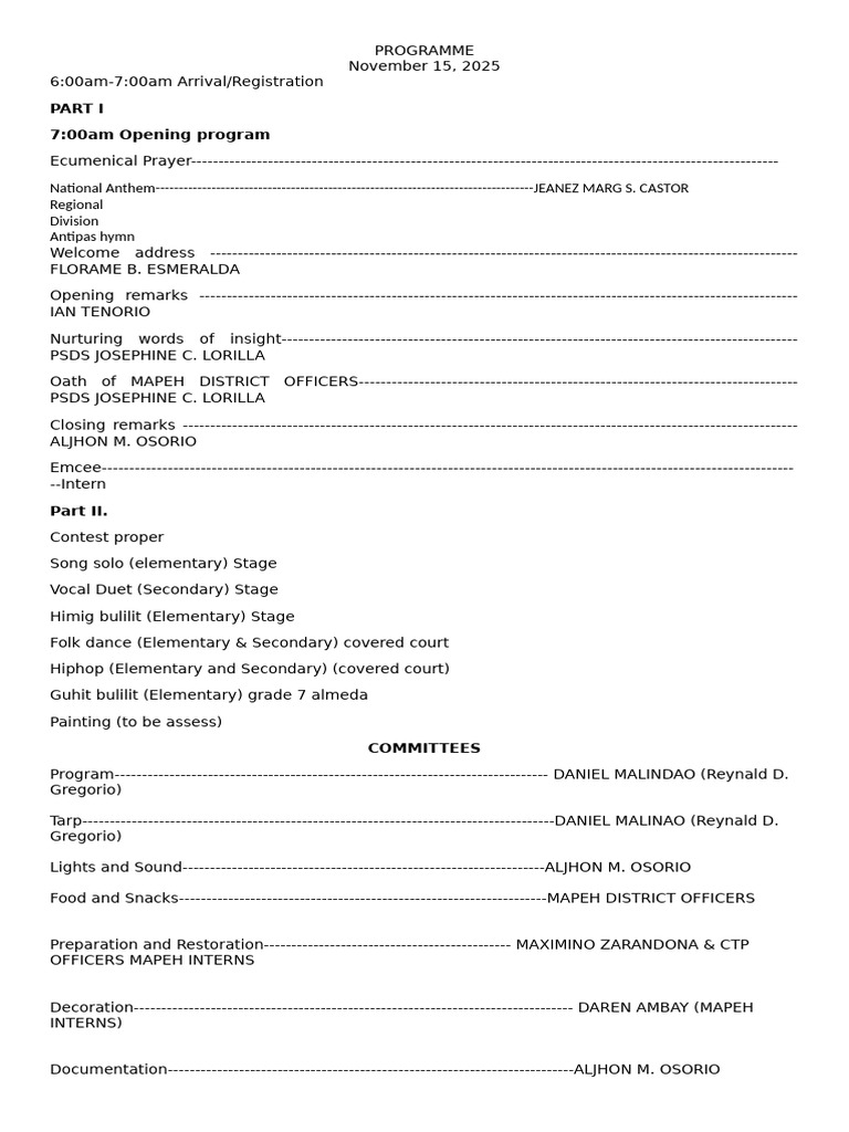MAPEH District Program and Contest Schedule | PDF
