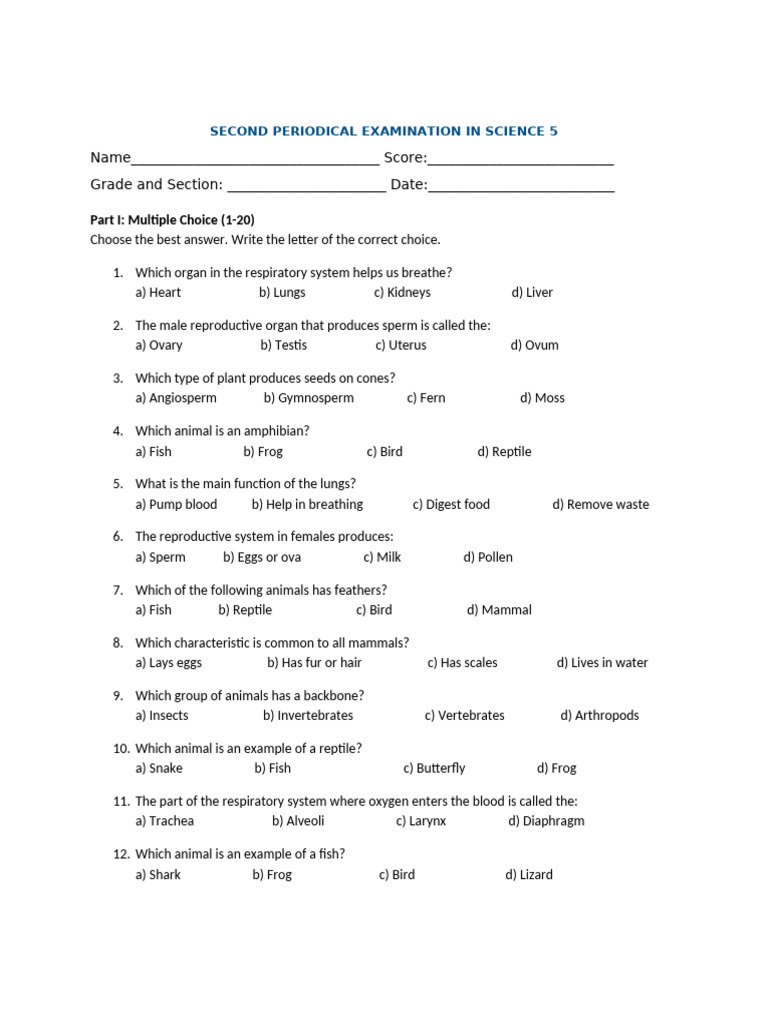 Science 5 Periodical Exam Guide | PDF | Reproductive System ...
