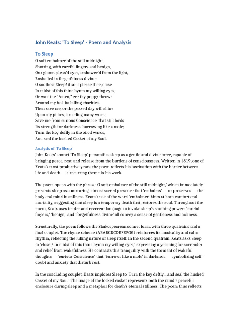 Keats' 'To Sleep': Poem Analysis | PDF | Stanzaic Form | Composition ...