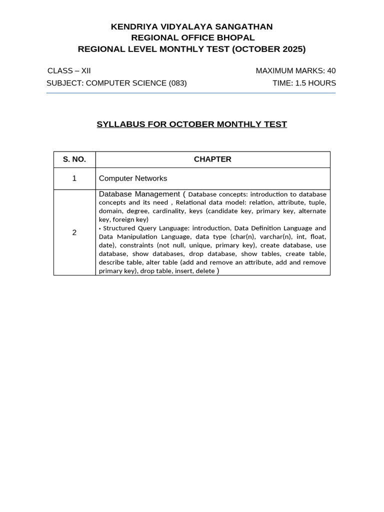 Syllabus October Computer Science Class Xii | PDF