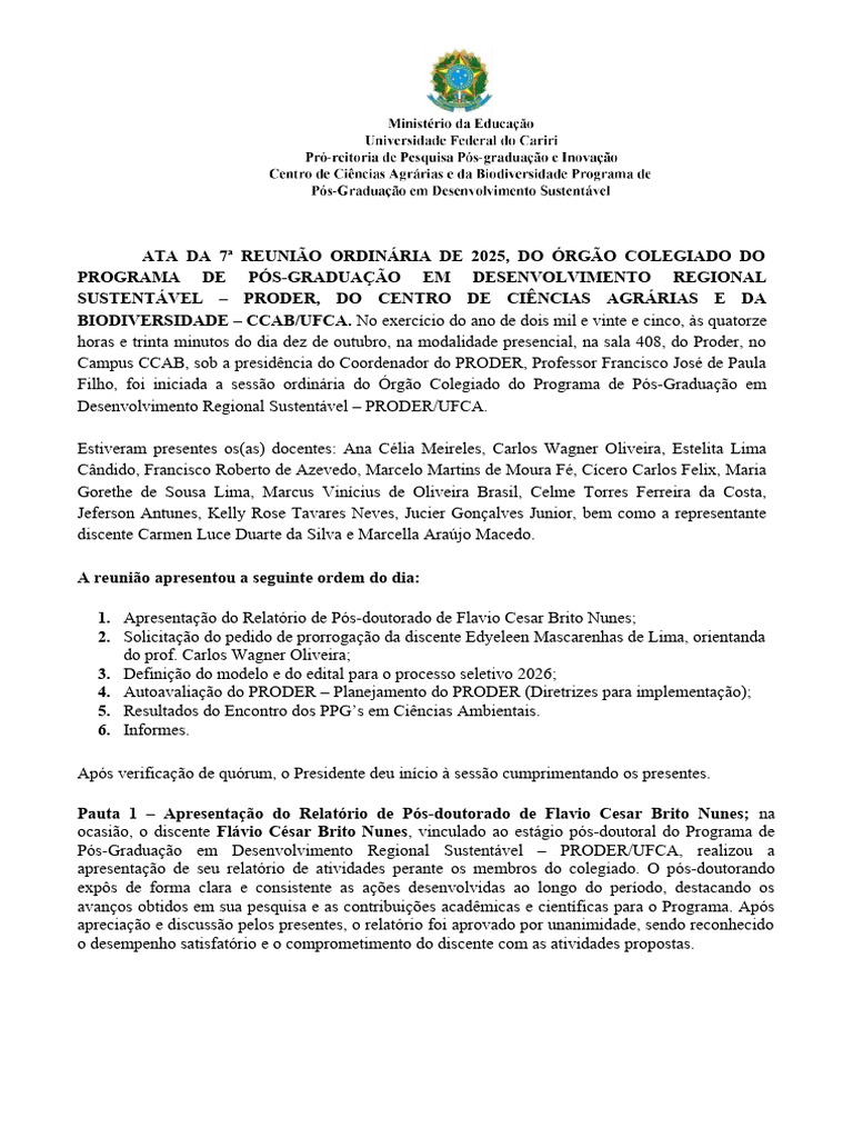Ata da 7ª Reunião do PRODER 2025 | PDF | Pós-graduação | Science