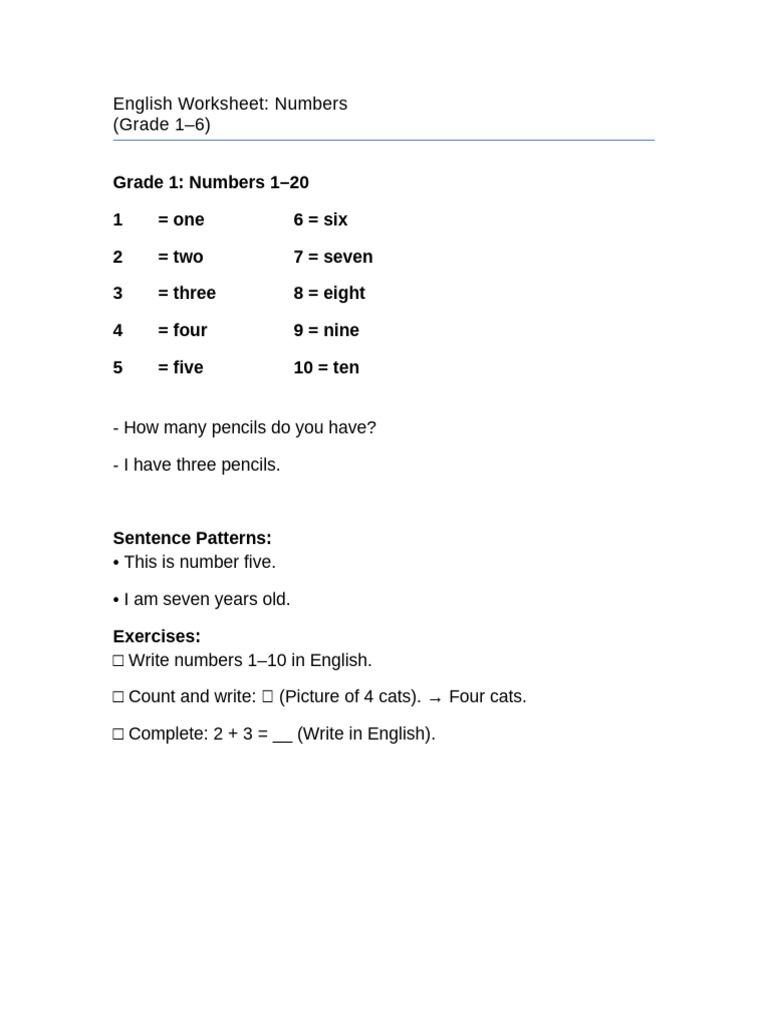 English Numbers Worksheet Grade1-6 | PDF | Multiplication | Mathematics