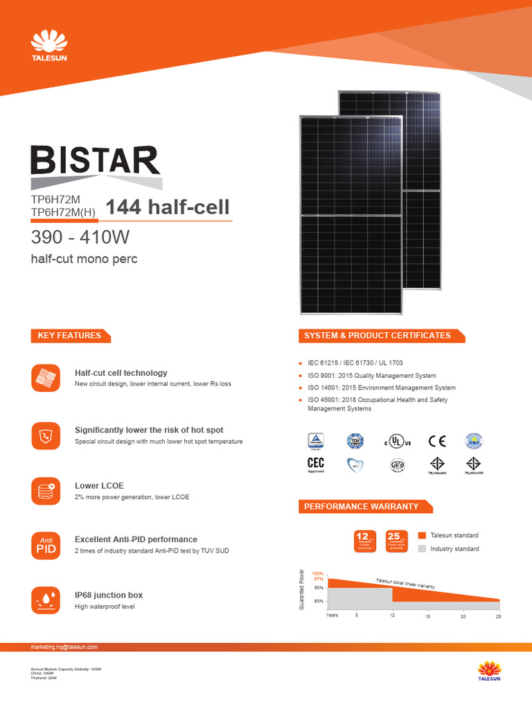 Talesun 390-410W - Bistar - TP6H72M Mono Perc | PDF | Electrical ...