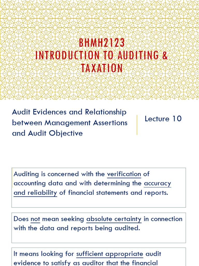 BHMH2123 - Lect 10 - Audit Evidence Management Assertions and Audit ...