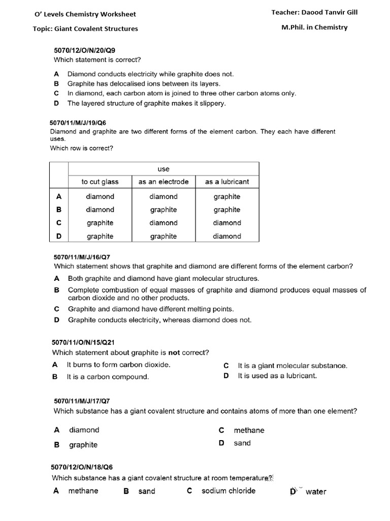 O' Levels Chemistry: Giant Covalent Structures | PDF