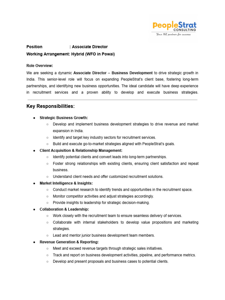 JD - Associate Director (India) | PDF | Recruitment | Business