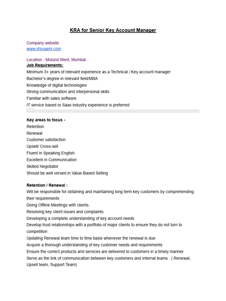 KRA For Senior Key Account Manager-1 | PDF | Customer | Business