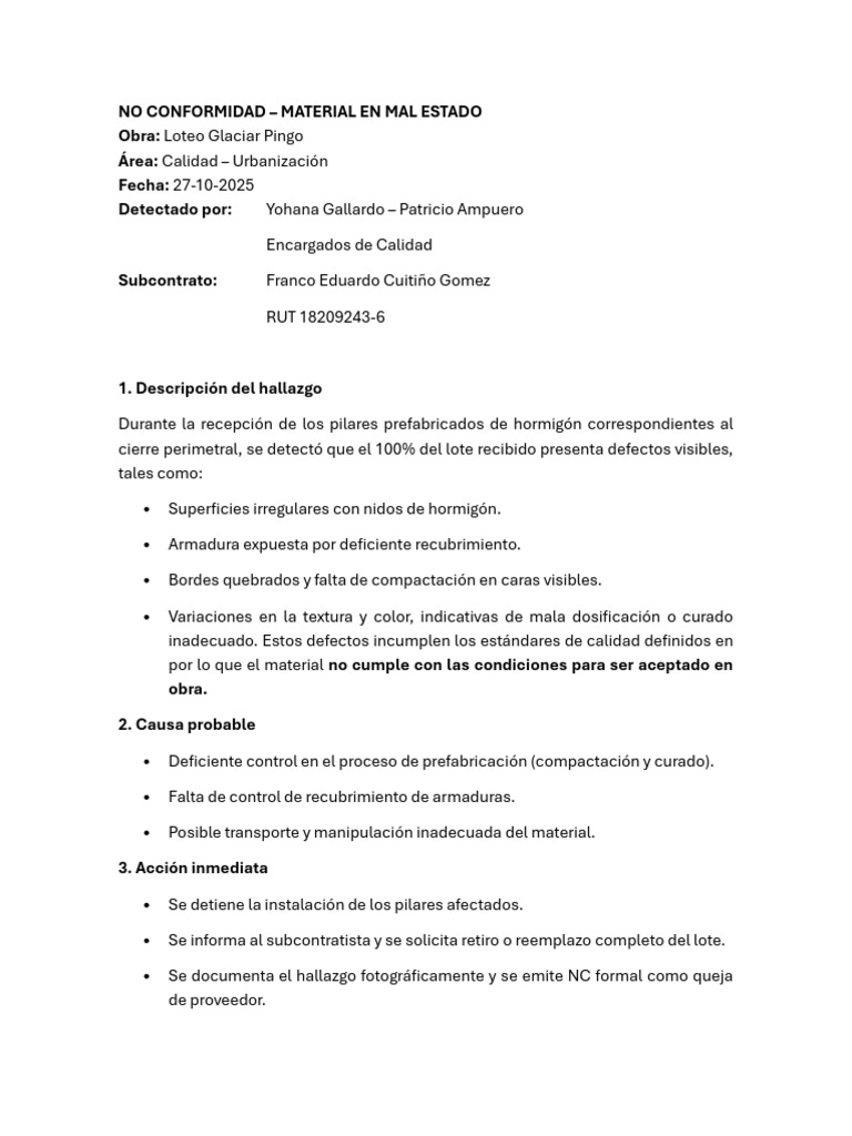 No Conformidad Material Defectuoso Hormigón | PDF | Hormigón