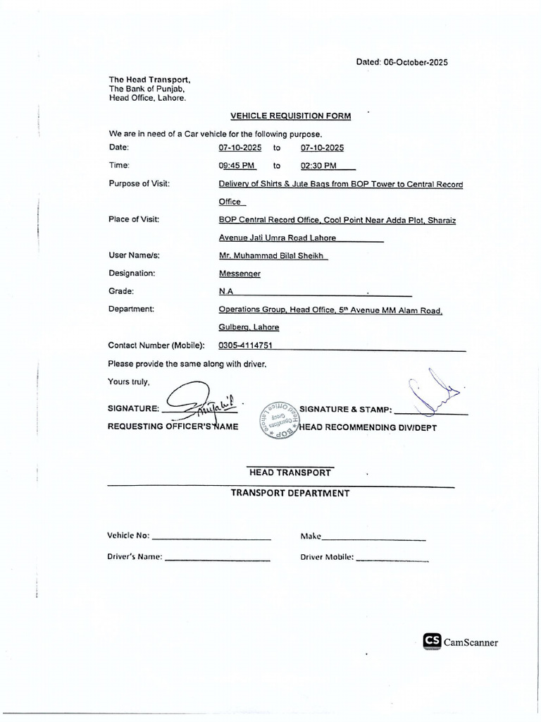 Vehicle Requisition Form | PDF