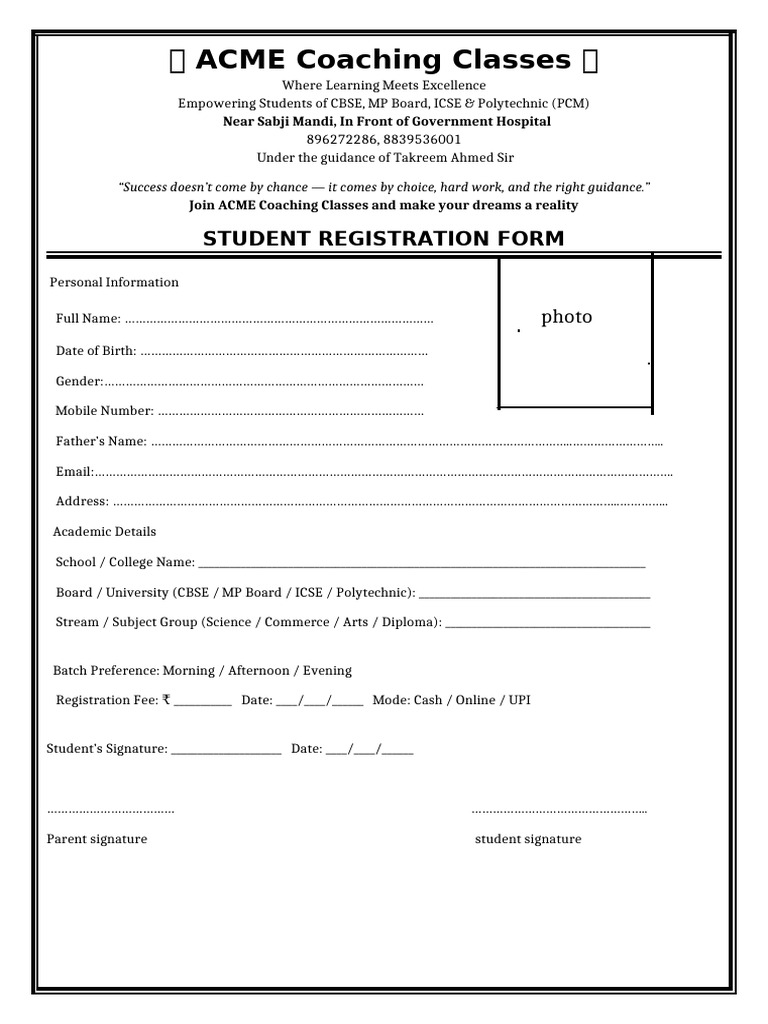 ACME Coaching Classes Registration Form | PDF