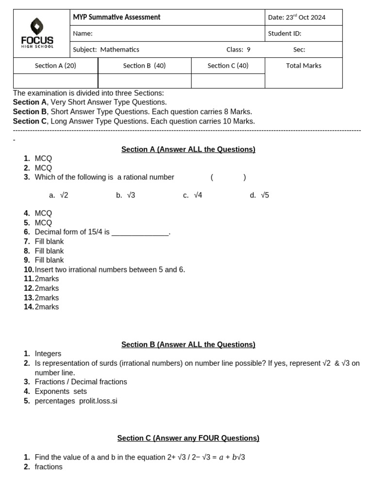 C7 Math Summative Assessment 1 | PDF