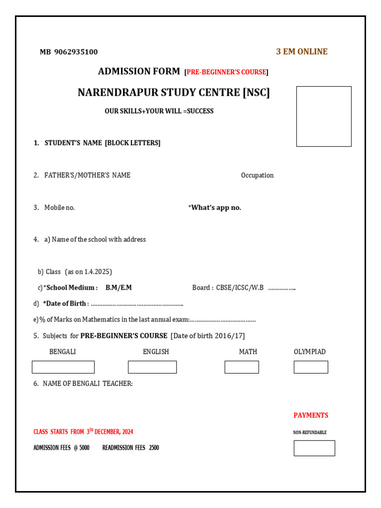 Admission Form Pre-Beginners 25em - Online | PDF