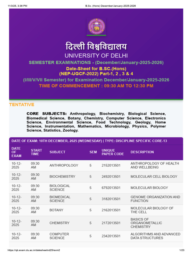 B.Sc. Hons Exam Schedule December 2025 | PDF | Science | Chemistry