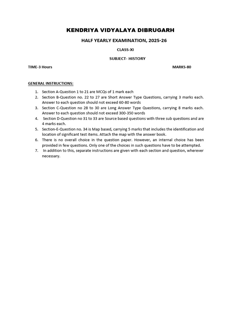 Class 11 History Half Yearly Question Paper | PDF | Mesopotamia ...