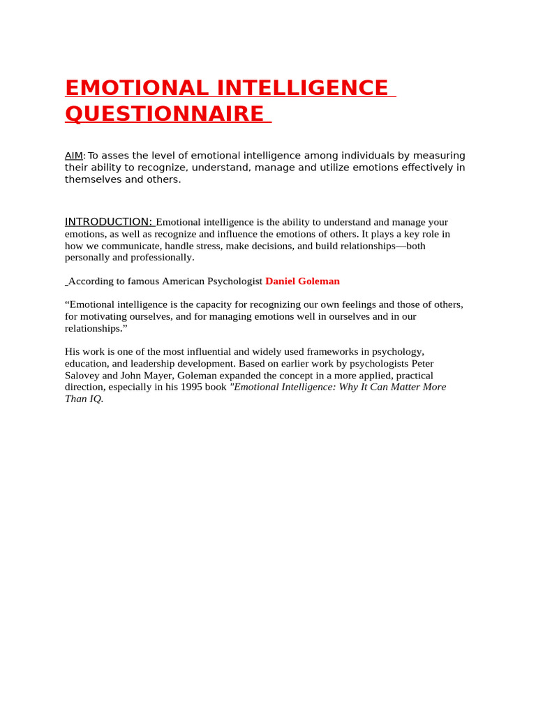Emotional Intelligence Questionnaire | PDF
