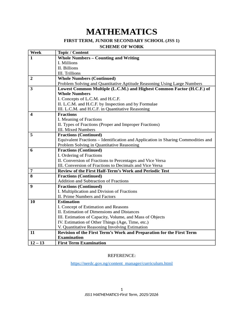JSS 1 Mathematics First Term Plan | PDF | Numbers | Mathematics