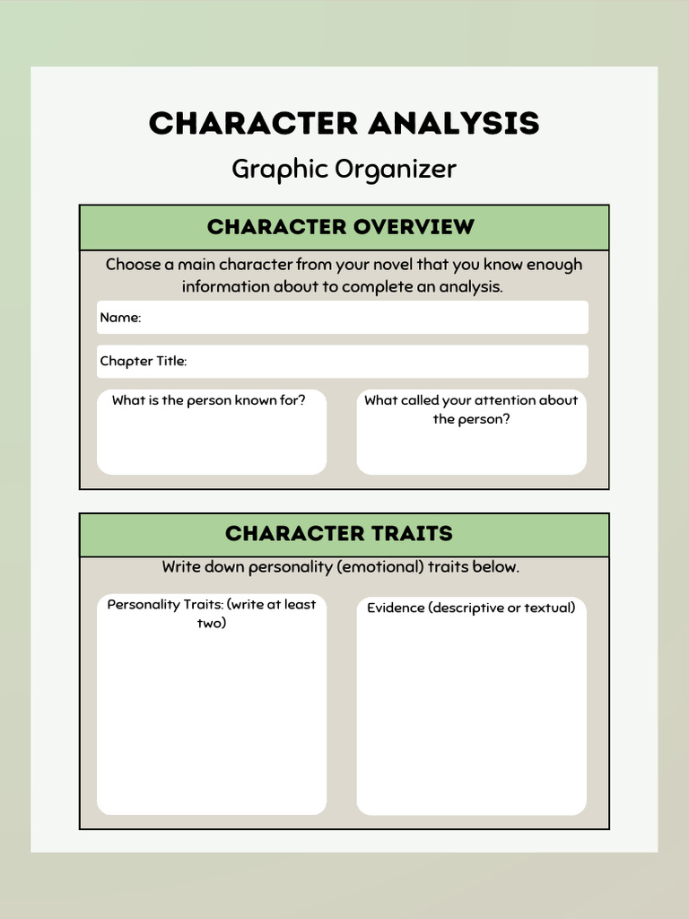 Character Analysis Graphic Organizer Template in Green Gradient Style | PDF