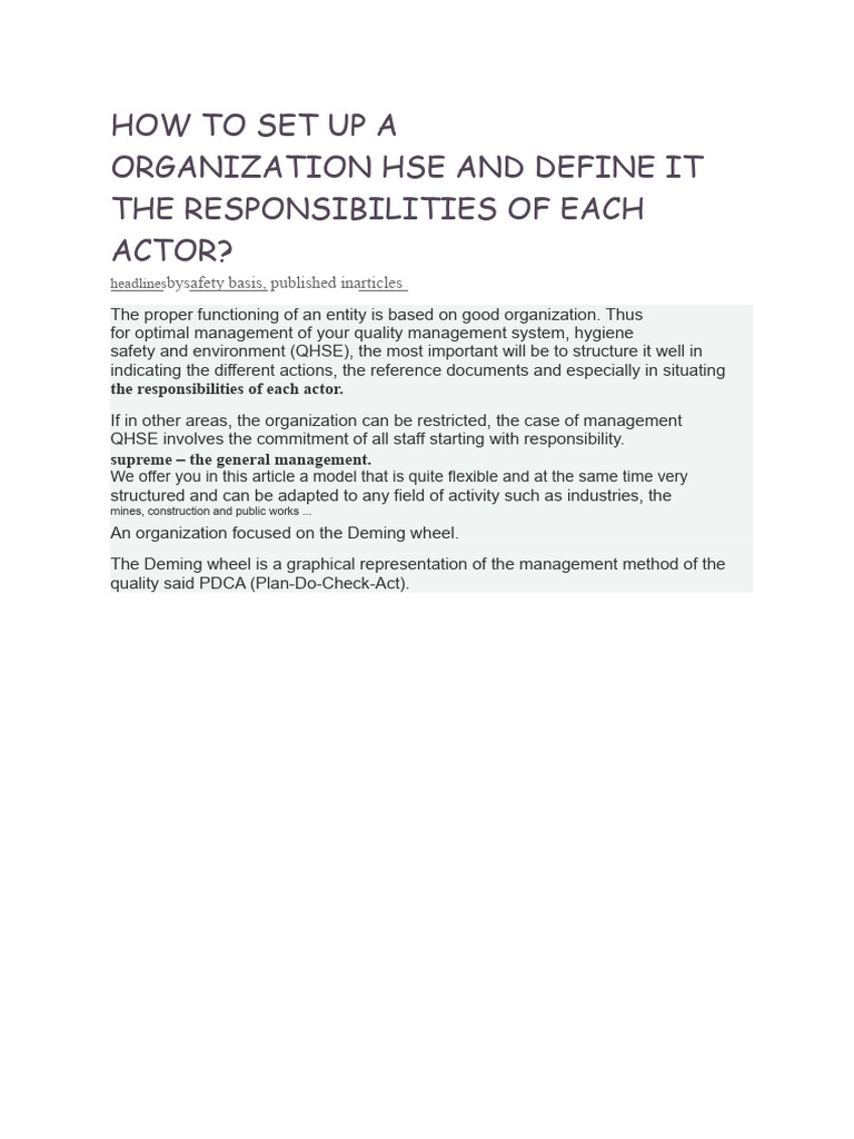Setting Up HSE Organization and Roles | PDF | Safety | Risk