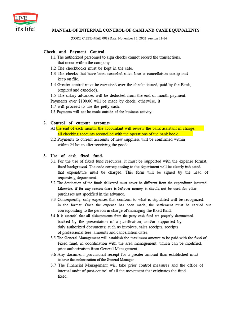 Internal Cash and Cash Equivalent Control - Lab Final Work Example ...