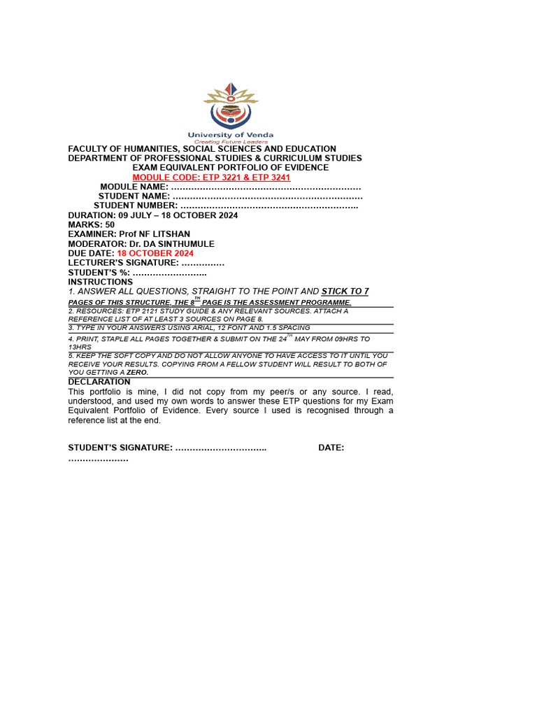 $etp 3221 & Etp 3241 Exam Equivalent Portfolio October 2024 | PDF ...