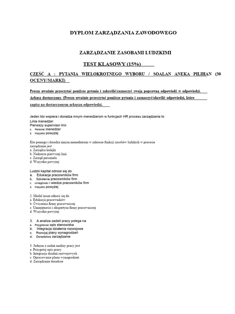 HRM - Test Klasowy | PDF