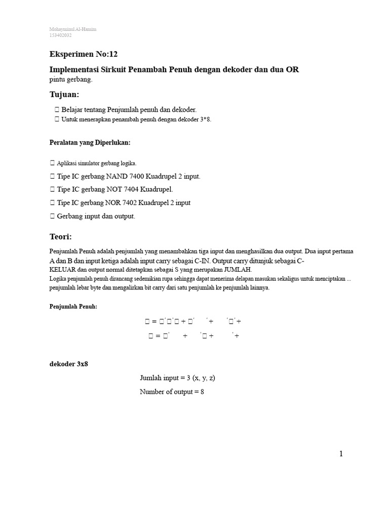 Implementasi Rangkaian Full Adder Dengan Decoder Dan Dua Gerbang OR. | PDF