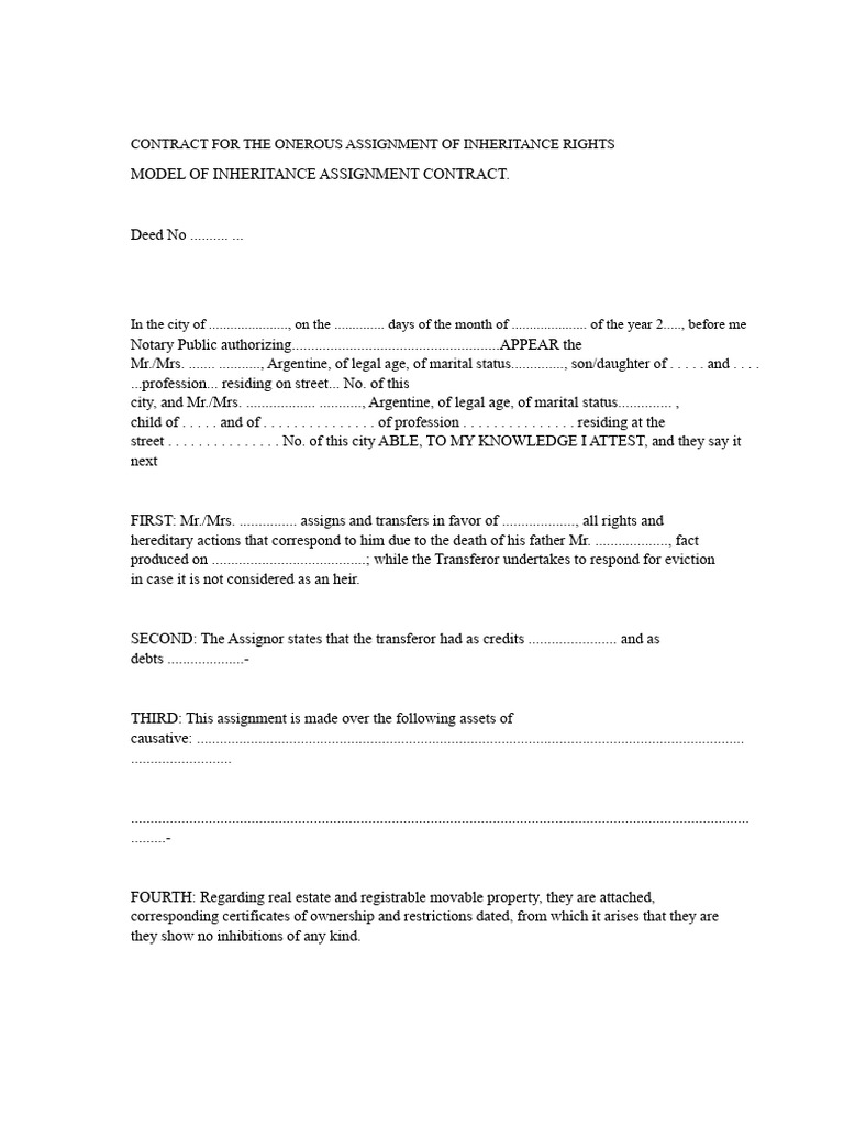 Contract For The Onerous Assignment of Inheritance Rights | PDF | Assignment (Law) | Inheritance