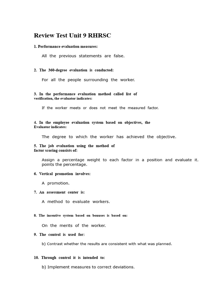 Human Resources Solution Manual Test Unit 9 RHRSC | PDF