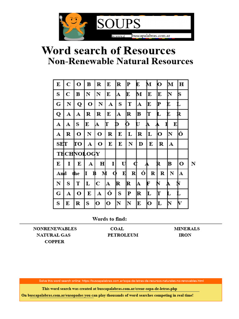 Word Search Puzzle of Non Renewable Natural Resources | PDF