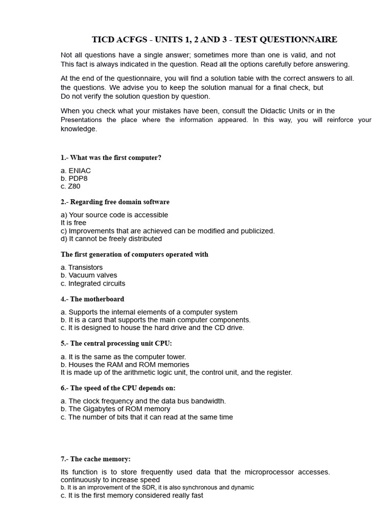 TICD ACFGS Test Questionnaire Units 1-3 | PDF | Solid State Drive ...