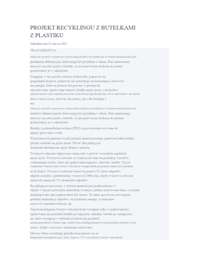 Projekt Recyklingu Z Butelek Plastikowych PDF