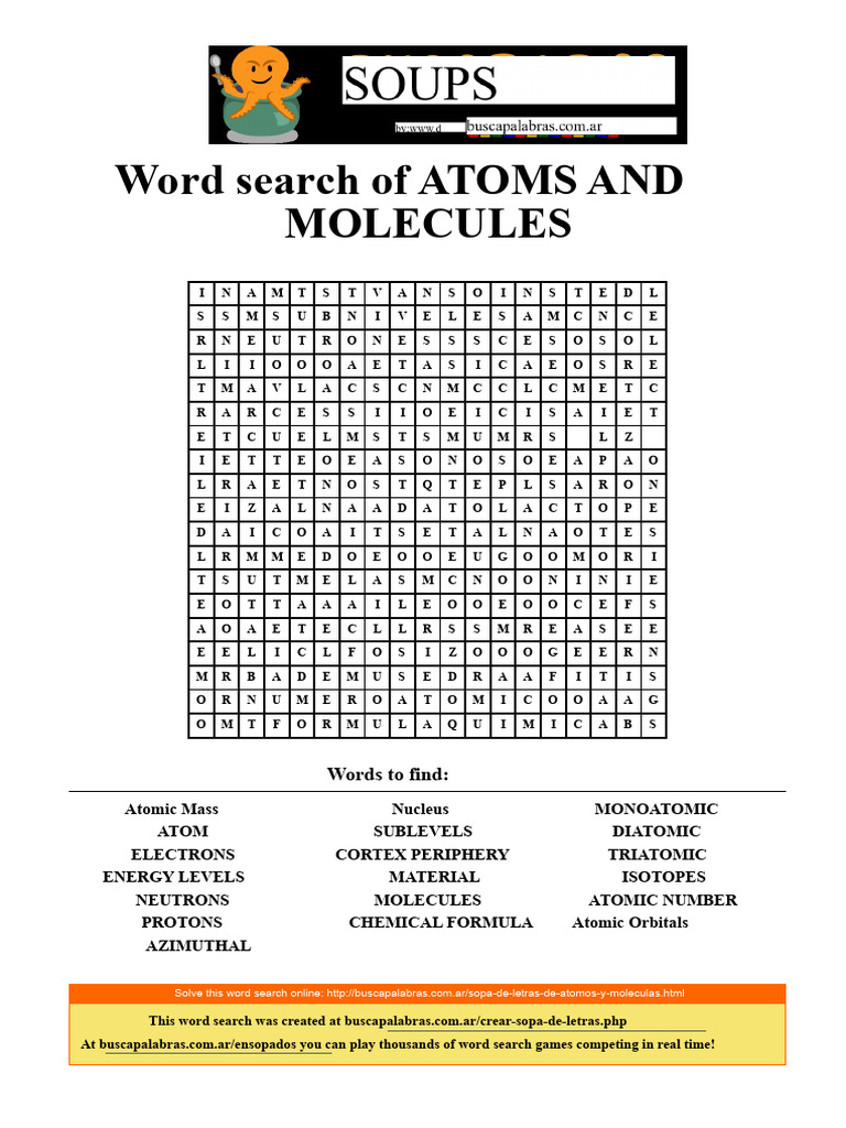 Word Search of Atoms and Molecules | PDF | Atoms | Atomic Nucleus