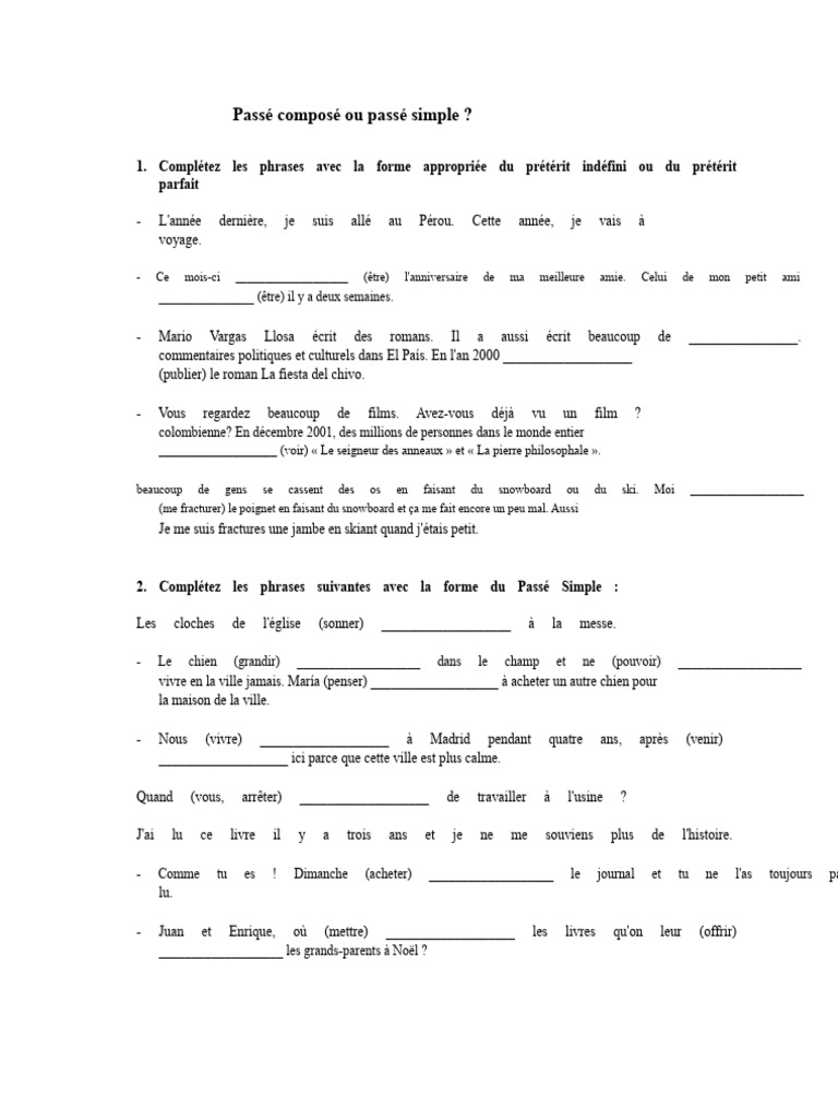 Passé Composé vs Passé Simple : Exercices | PDF | Verbe | Linguistique